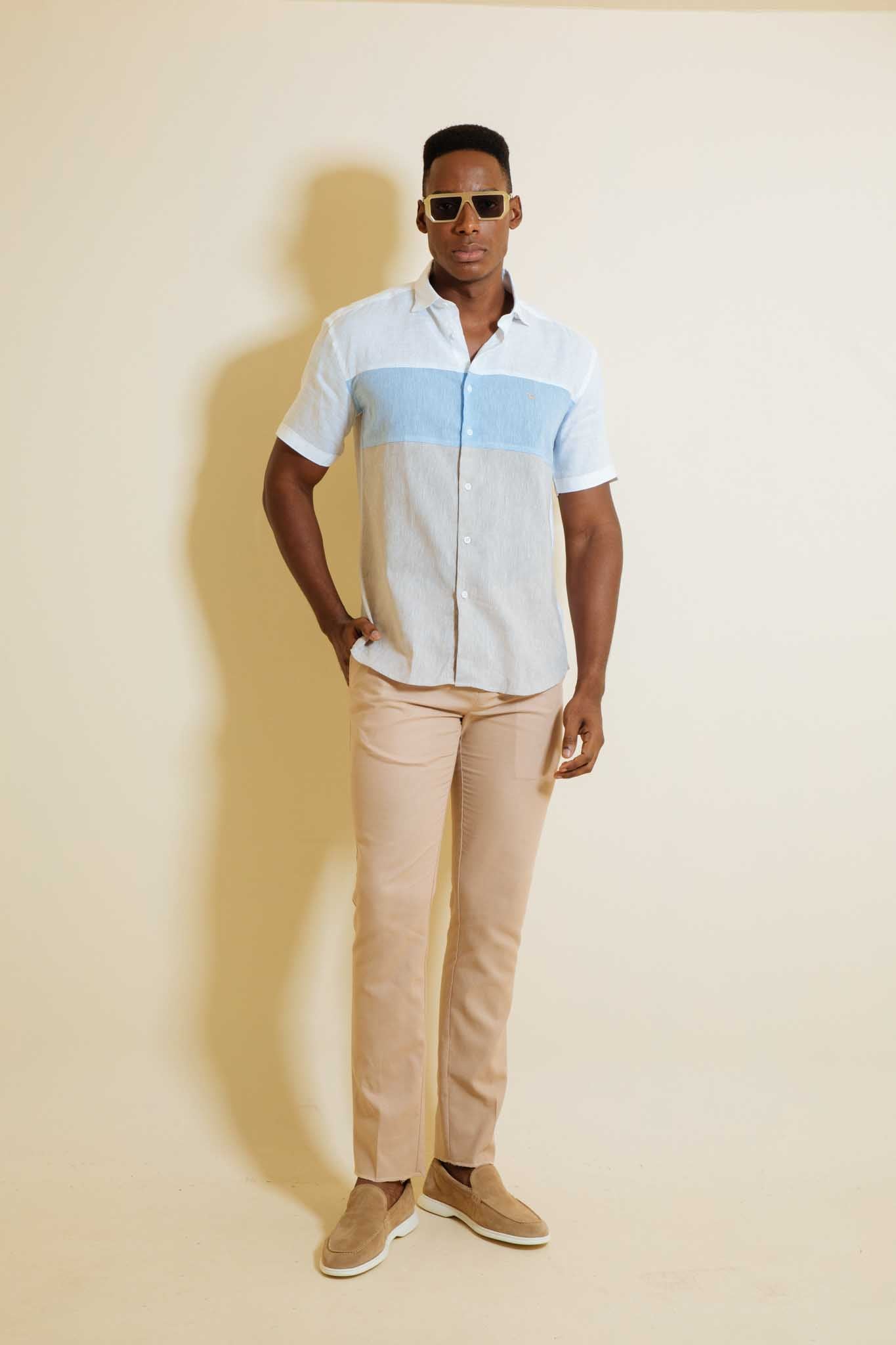 Camisa Manga Corta Lino Bloques Azul Claro- Beige (Modern Fit) – Victor